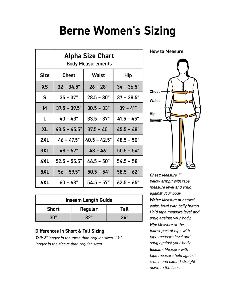 Size Charts For Men Women And Youth Outerwear Berne Apparel